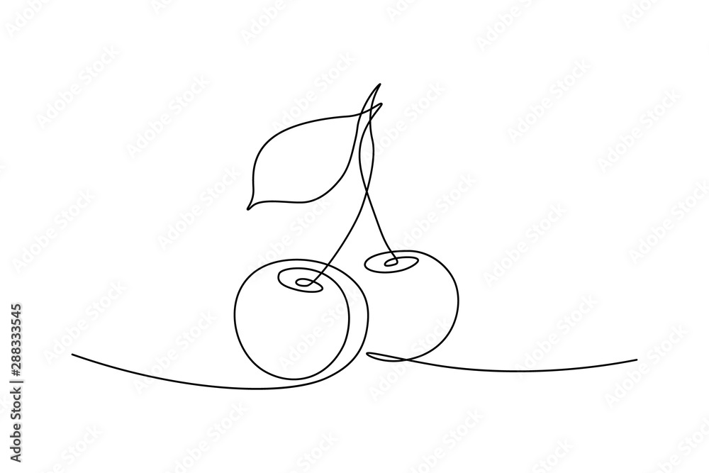 Cherry fruit in continious line art drawing style. Minimalist black ...