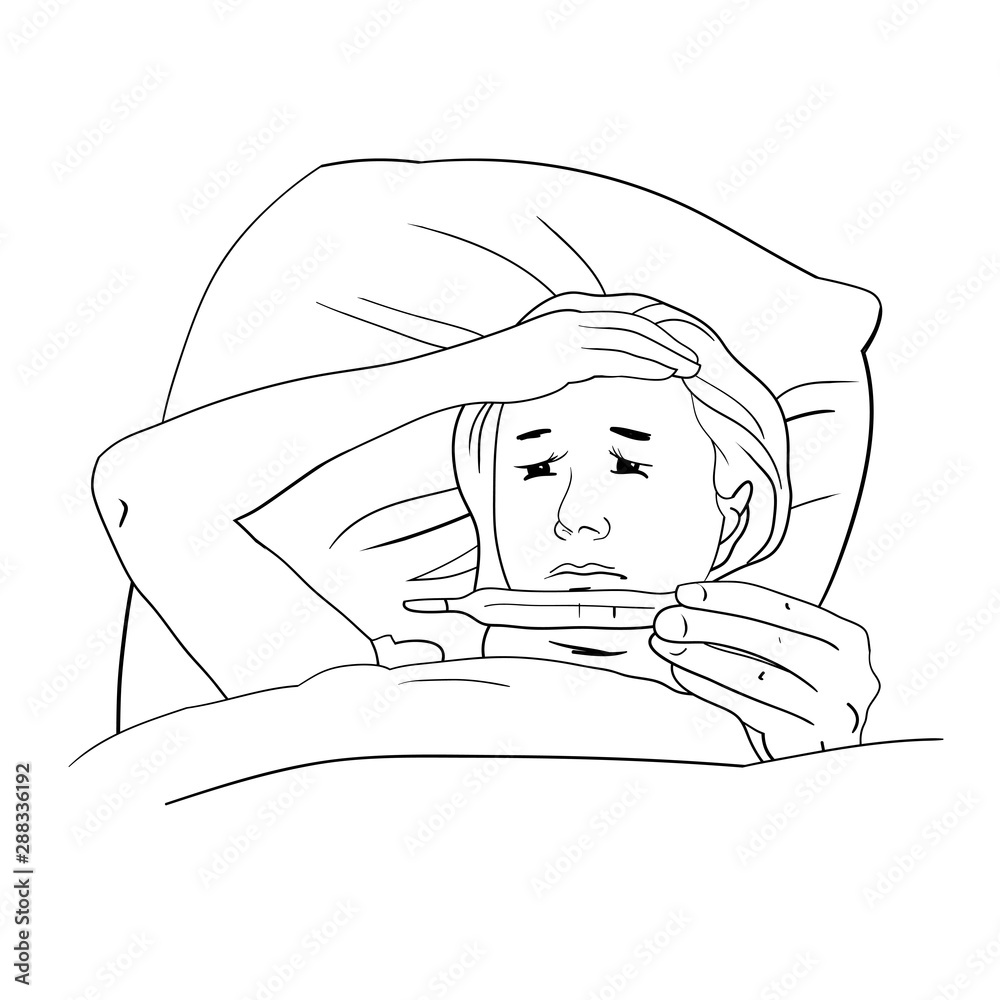 The girl lies in bed, with a high fever, caught a cold, a child is sick ...
