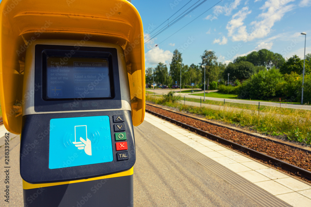 13 July 2019 Stockholm, Sweden. Train Ticket pass scanner box at ...