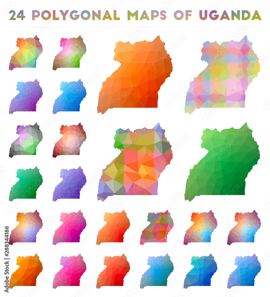 Set of vector polygonal maps of Uganda. Bright gradient map of country ...