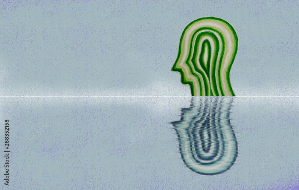 Surreal scene human head with water reflection, imagination mindfulness ...