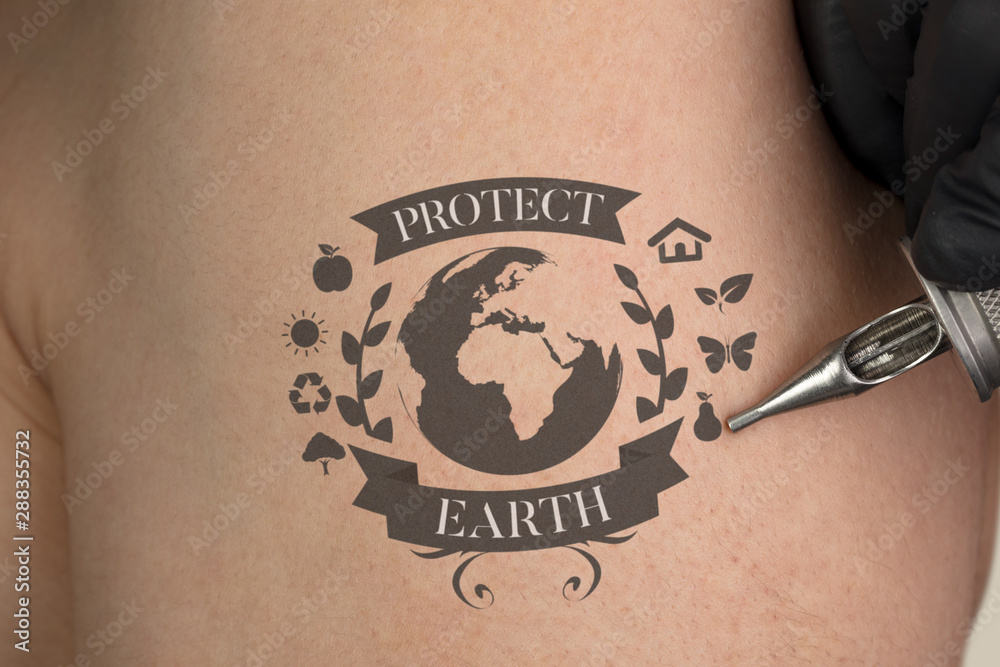 Hand tattooing recycle for a better environment concept on naked clear ...