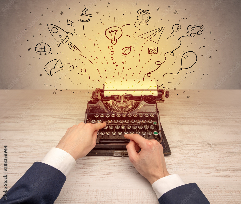 Typewriter with doodles, idea, message, plane, car balloon social media ...