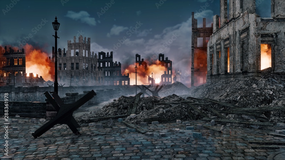 Ruined after the bombing of the World War 2 european city with burning ...