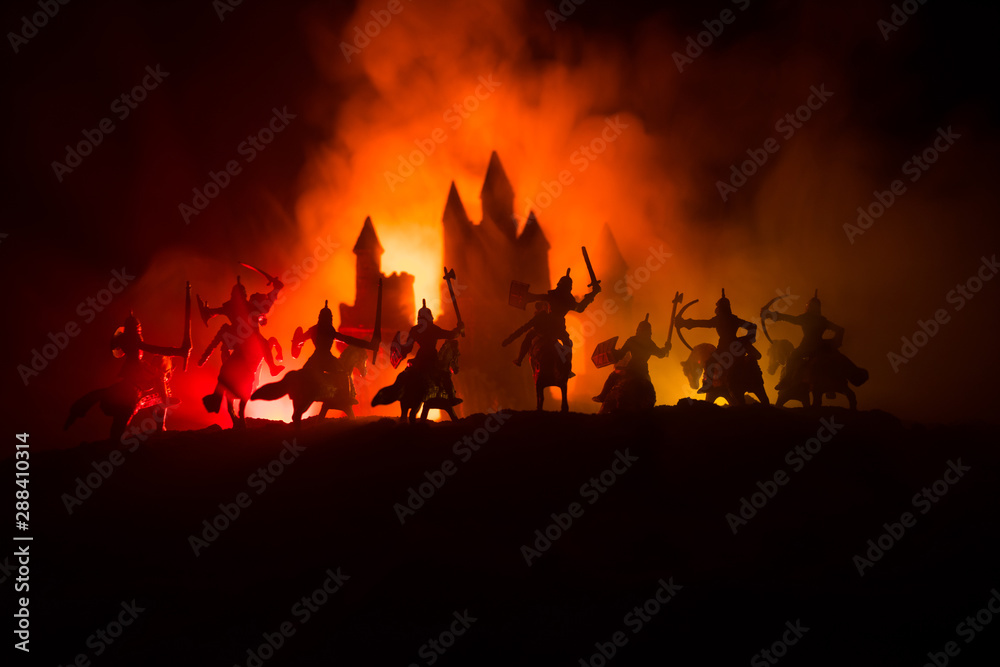 Medieval battle scene with cavalry and infantry. Silhouettes of figures ...