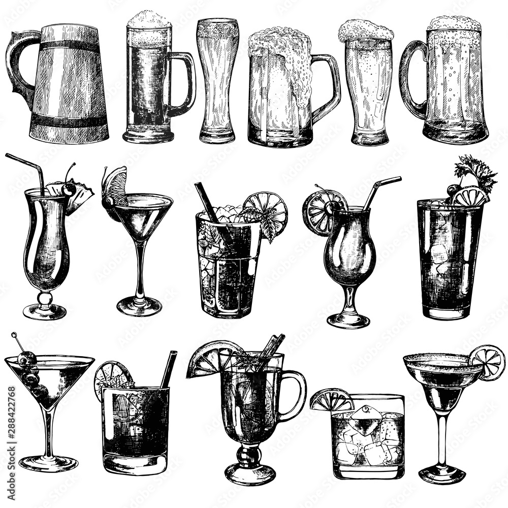 Set of hand drawn sketch style beer and highball cocktails isolated on ...