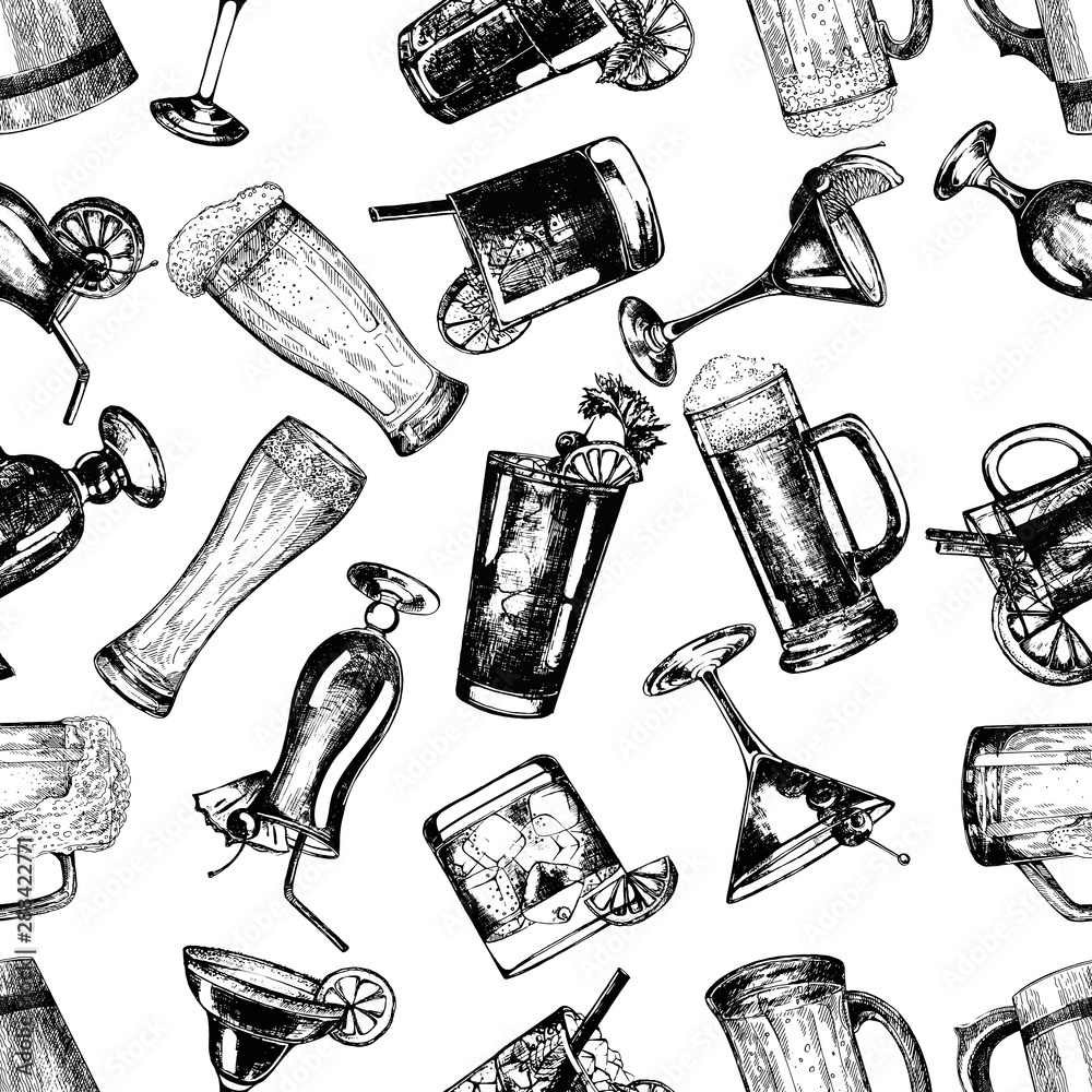 Seamless pattern of hand drawn sketch style beer and highball cocktails ...