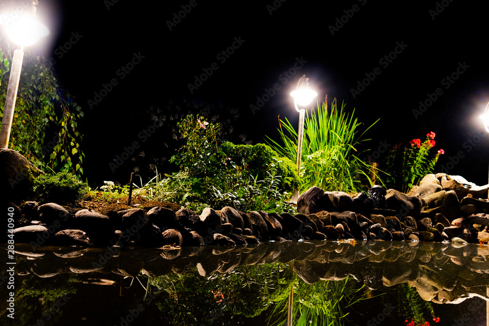 Garden pond at night. Illuminated pond shore in a night. Garden fish ...