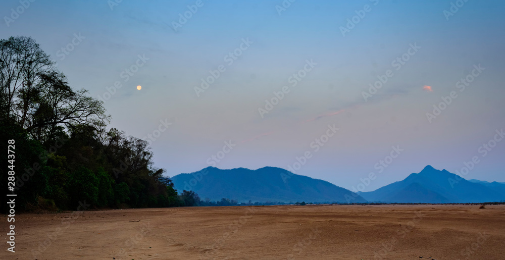 Landscape of Eastern Ghat Mountains and Mahanadi River bed as the moon ...