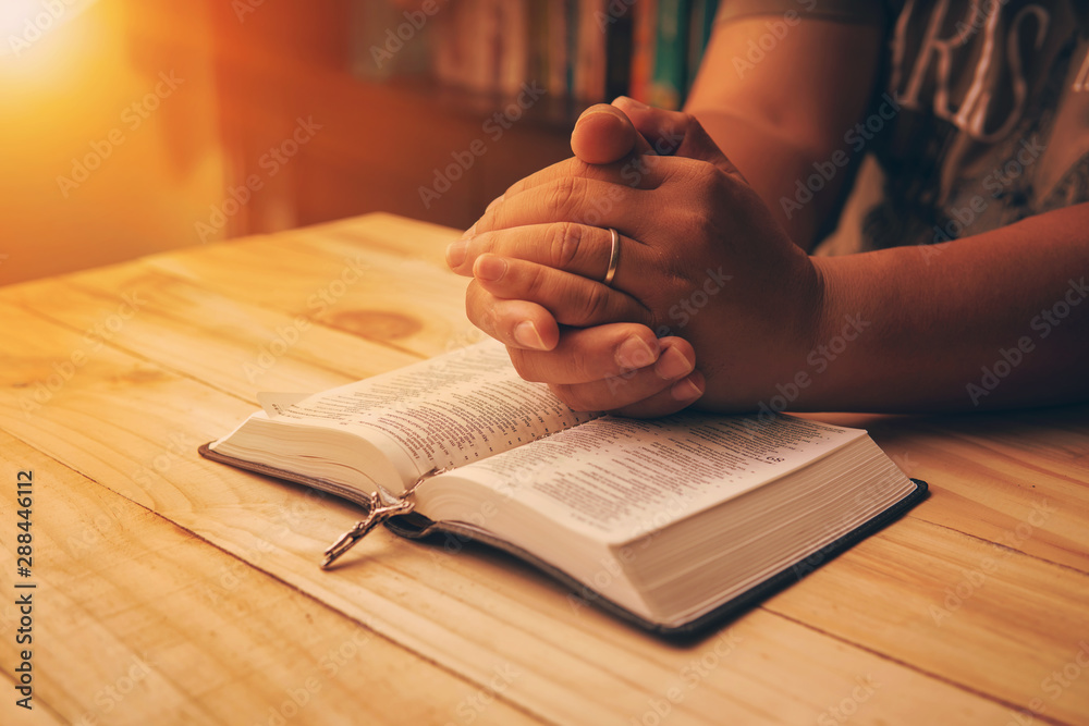 Christian hand while praying and worship for christian religion with ...
