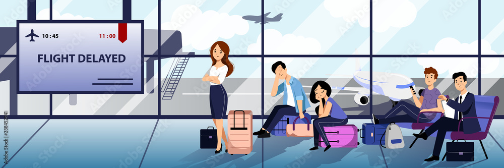 Flight delay or cancel. Vector flat cartoon illustration. Tired ...