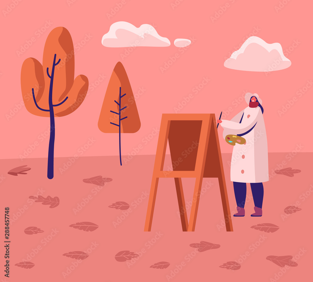 Young Woman Artist Wearing Warm Coat Work on Plein Air in City Park at ...