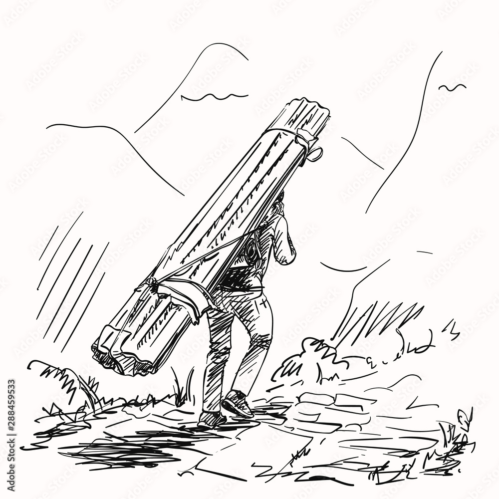 Sketch of nepali porter carrying heavy big load on his head in ...
