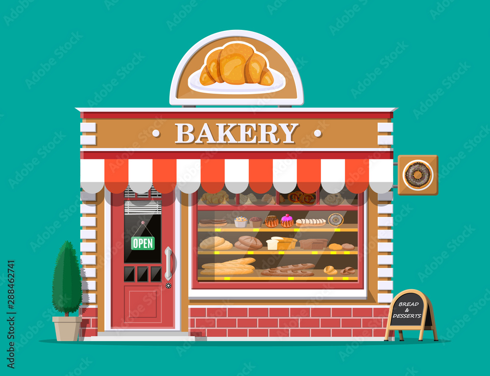 Bakery shop building facade with signboard. Baking store, cafe, bread ...
