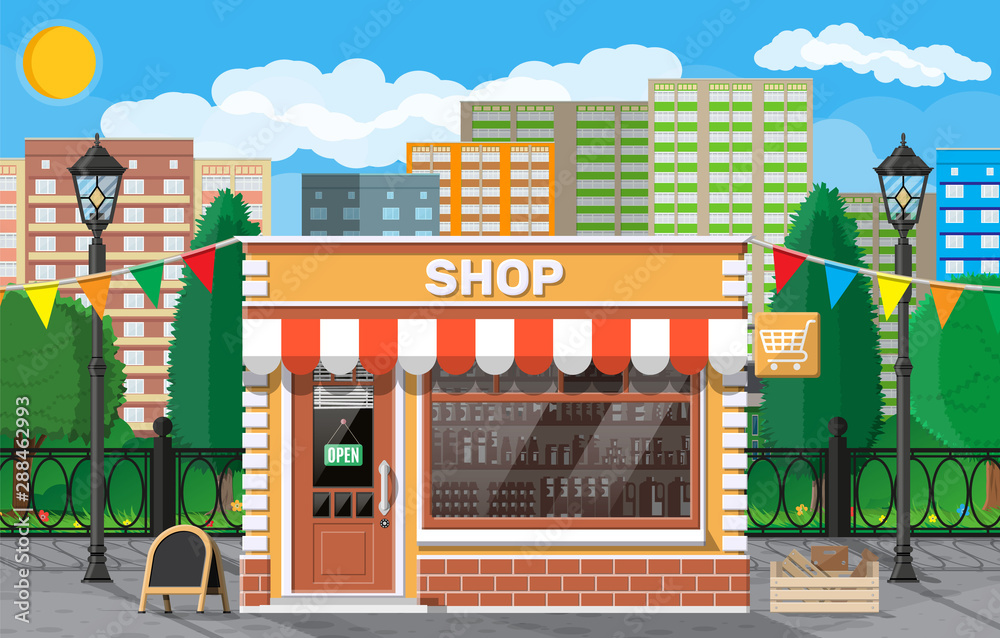 Empty store front with window and door. Glass showcase, small european ...