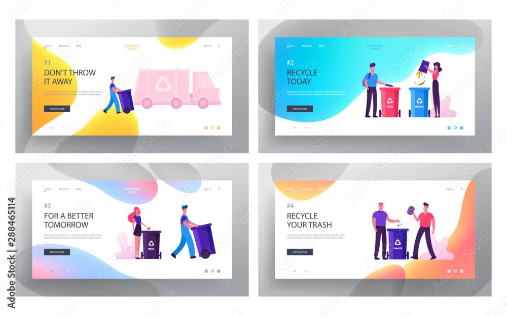 People Sorting Waste Website Landing Page Set. Characters Throw Bags ...