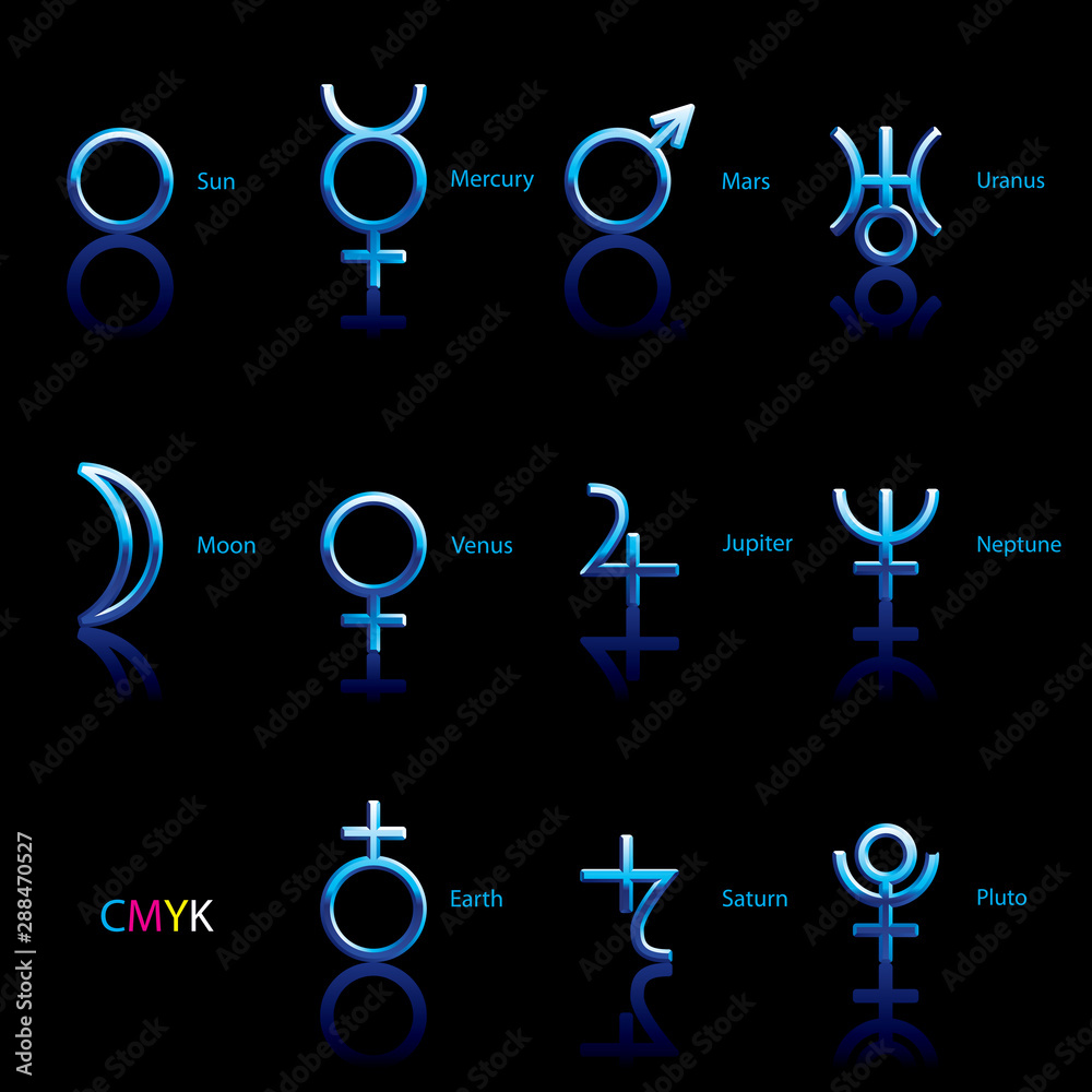 Collection of Astrological Planets Symbols on a Black Backdrop. Signs ...