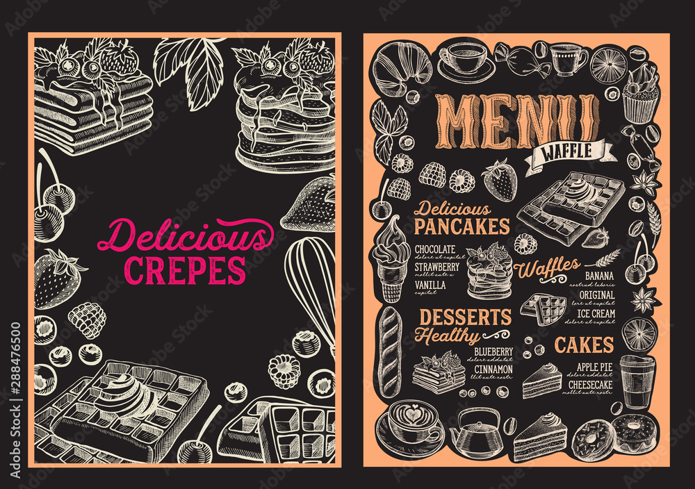 Waffle and pancake menu for restaurant with frame of hand-drawn fruits ...