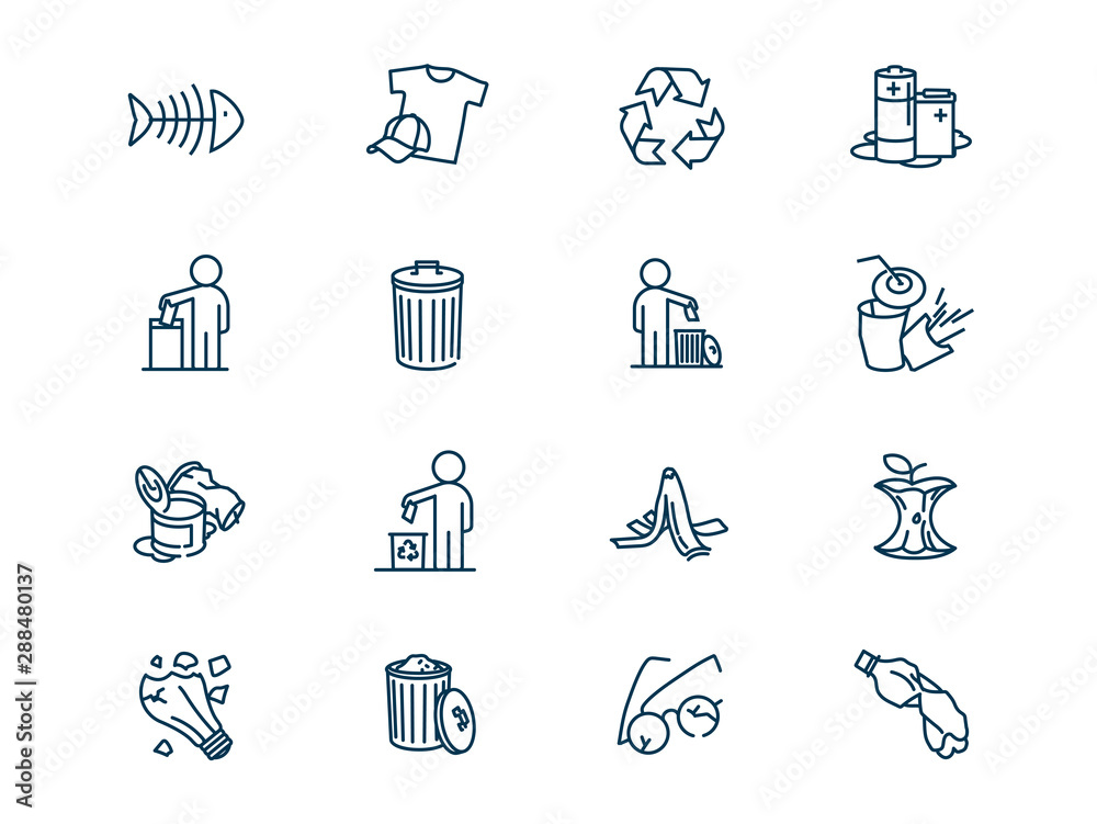 Environmental pollution vector linear icons set. Elements garbage ...