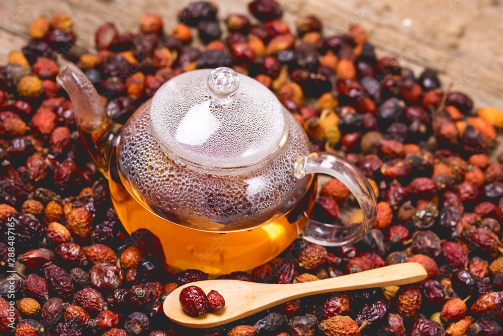 Glass Teapot of Herbal Dog Rose Tea With Dried Rosehips, Types Rosa ...
