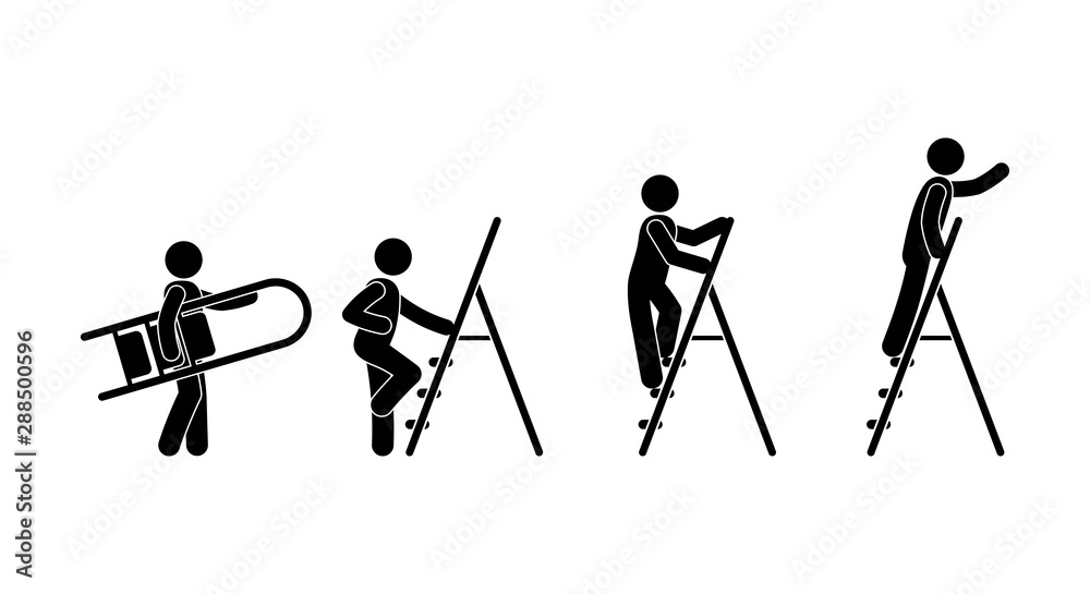 man with a ladder icon, stick figure pictogram human silhouette ...