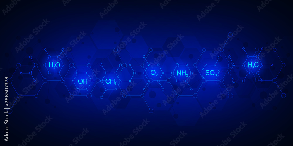 Abstract chemistry pattern on dark blue background with chemical ...