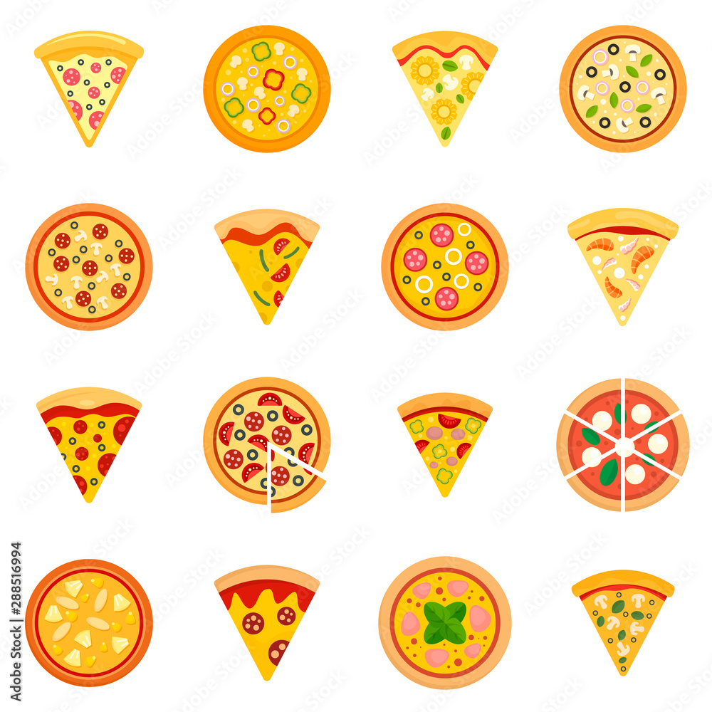 Pizza icon set. Flat set of pizza vector icons for web design Stock ...