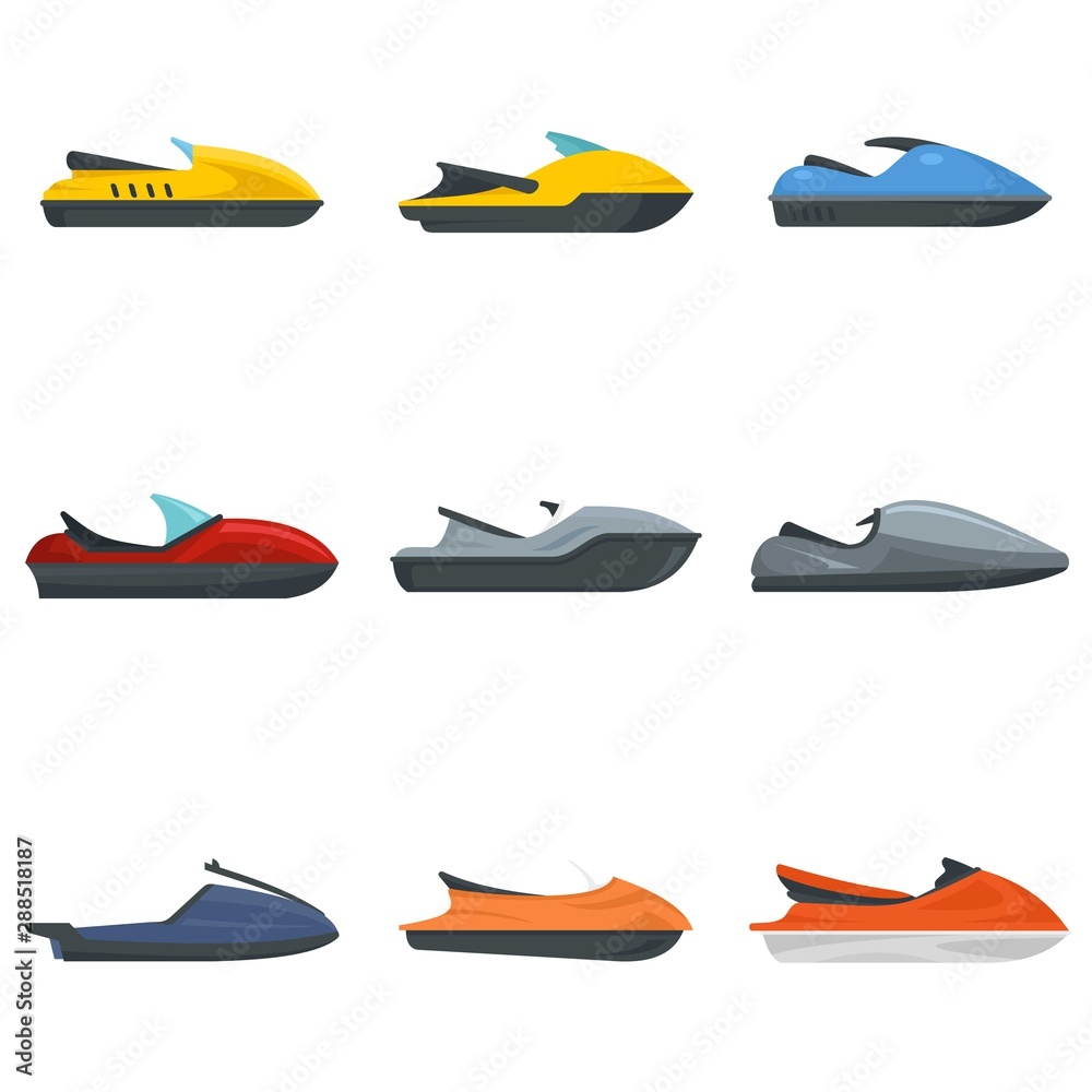 Jet ski icons set. Flat set of jet ski vector icons for web design ...