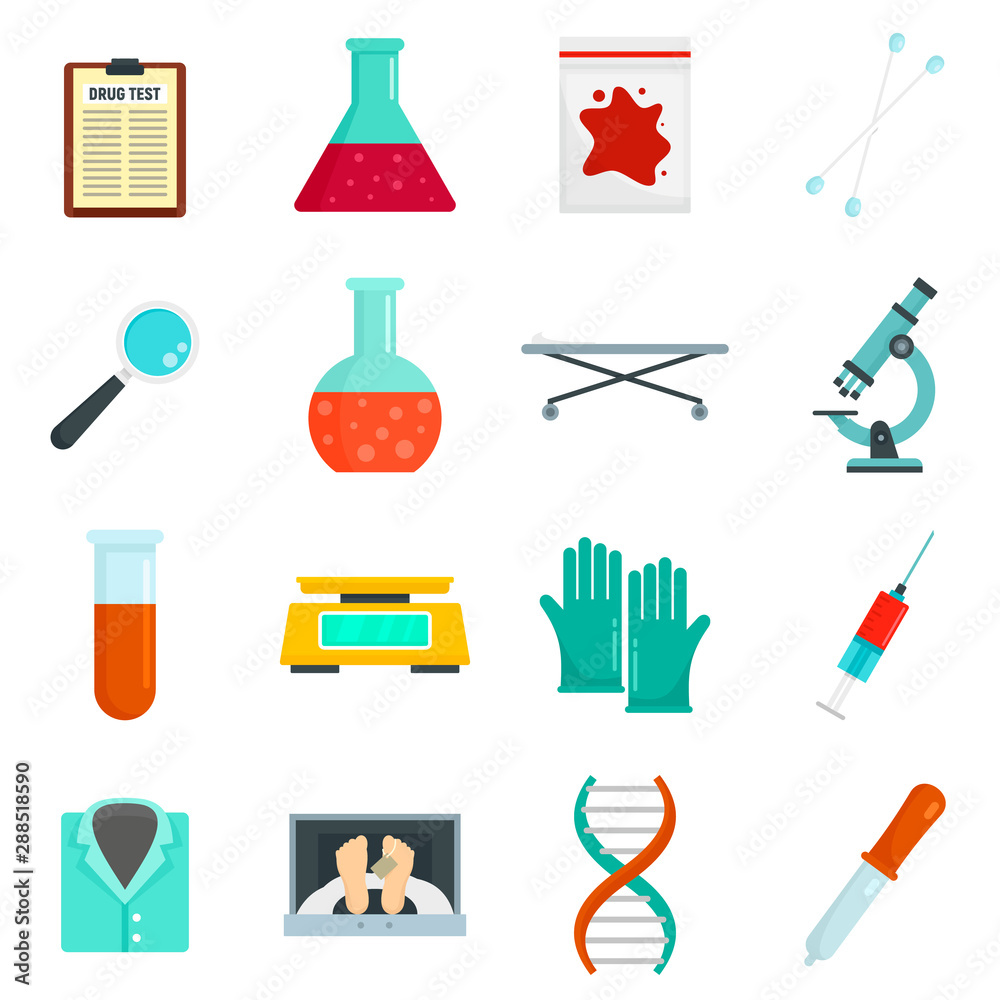 Forensic laboratory icons set. Flat set of forensic laboratory vector ...