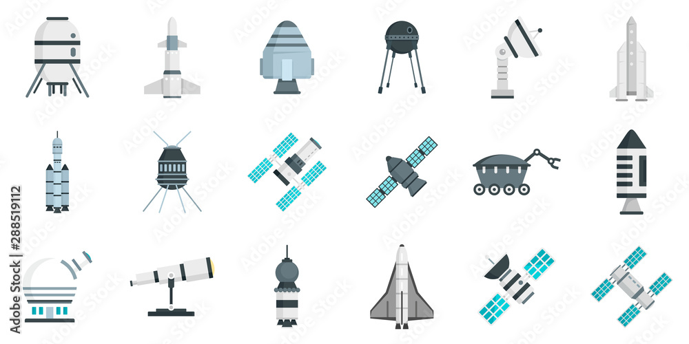 Space research technology icons set. Flat set of space research ...