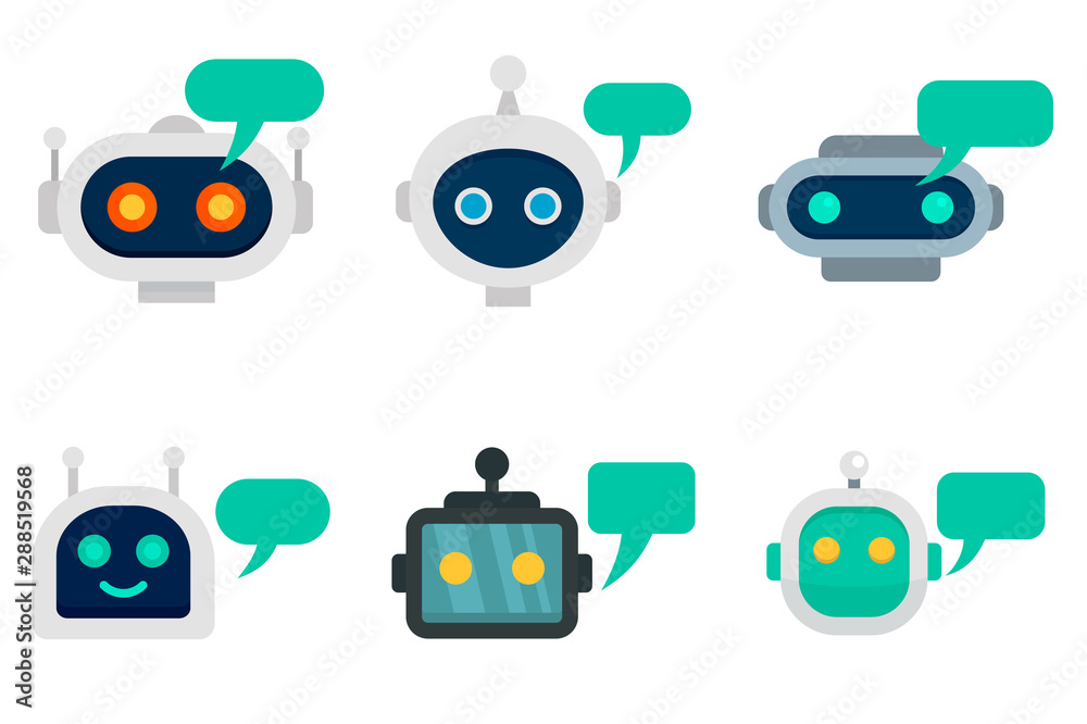 Chatbot icons set. Flat set of chatbot vector icons for web design ...