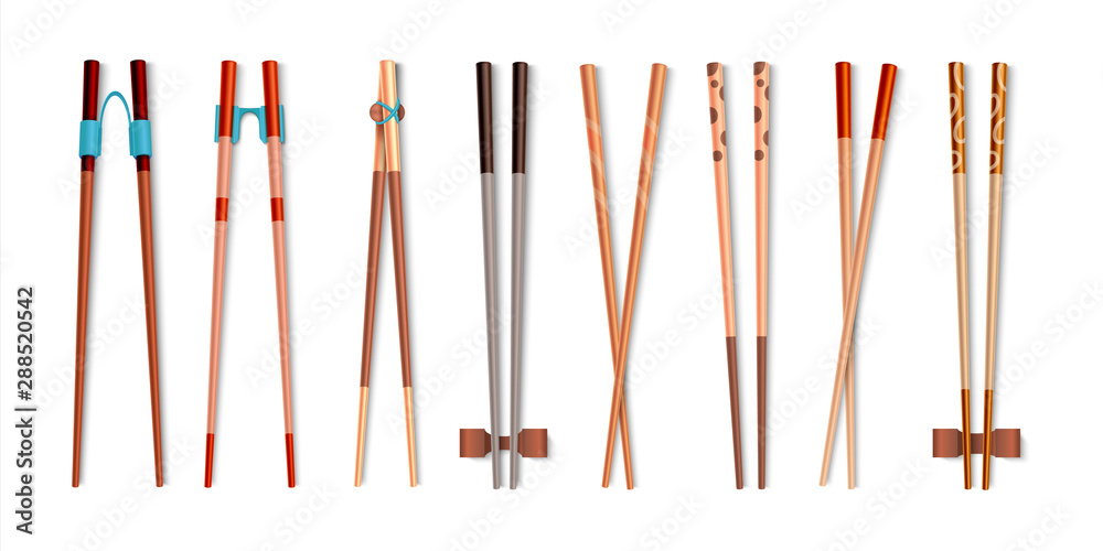 Food chopsticks. Realistic 3D bamboo sticks for Asian food, traditional ...