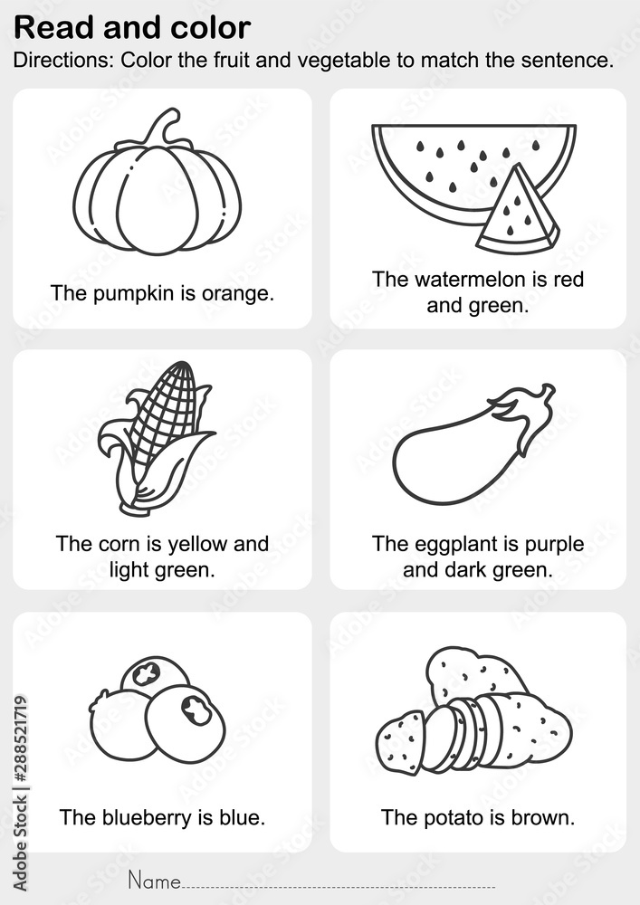 Read and color : Color the fruit and vegetable to match the sentence ...