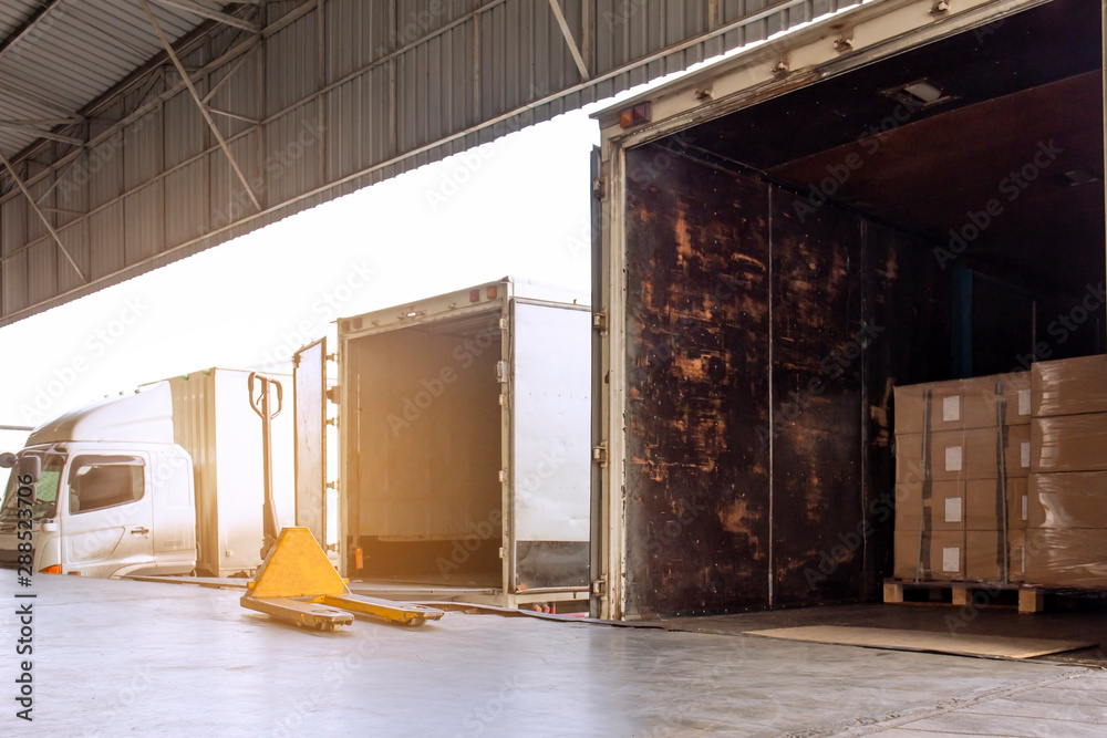 Cargo Container Trucks Parked Loading Dock at Distribution Warehouse ...