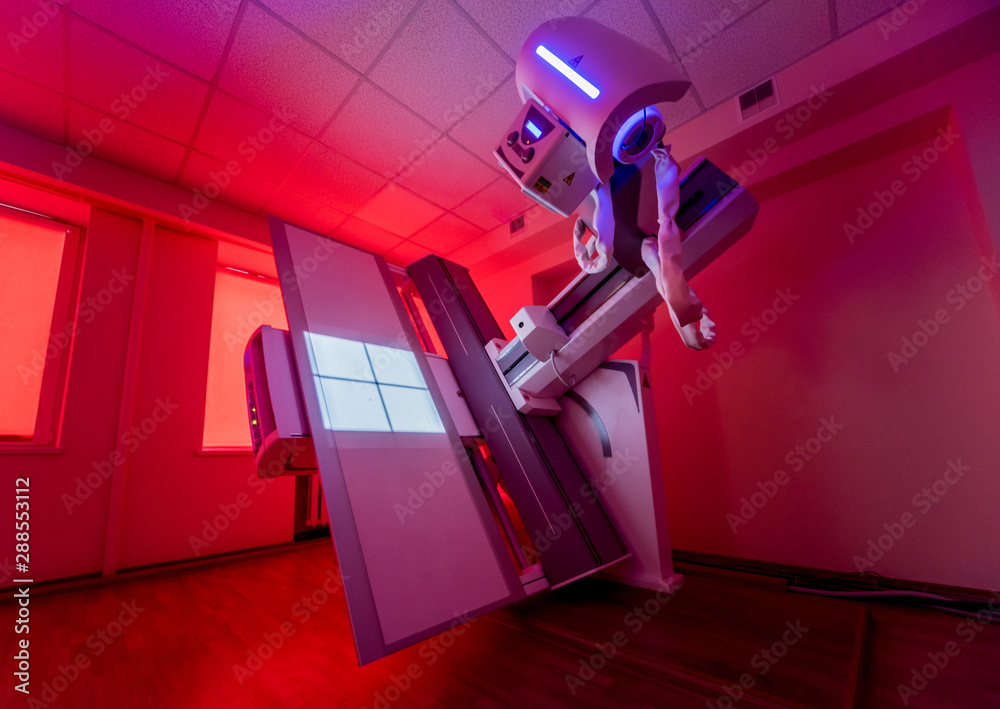 X-ray room in a hospital. Classic ceiling-mounted x-ray system. Stock ...