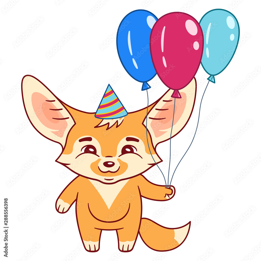 Fennec fox in a party hat holds air-balloons attached to string ...