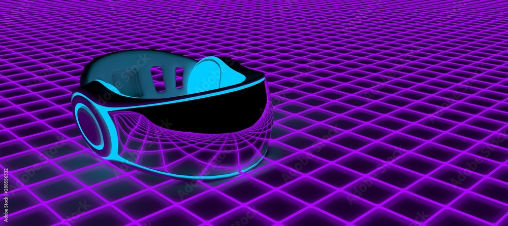 3D illustration of a glowing virtual reality glasses against purple ...