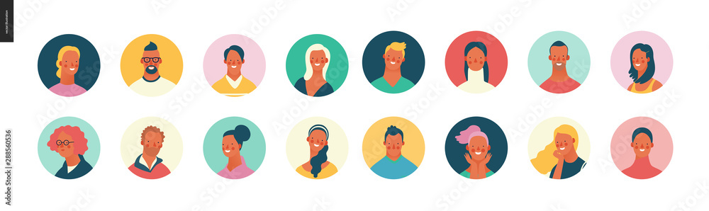 Bright people portraits set - hand drawn flat style vector design ...