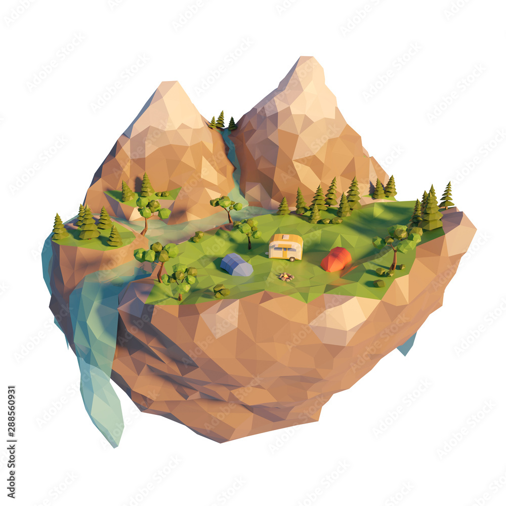 3d low poly campsite, a tent, bonfire near the river. Camping van in ...