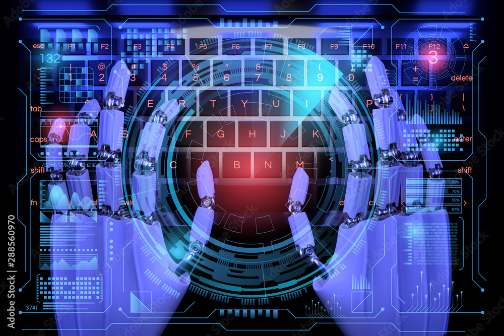 Sci fi Hologram control panel dashboard in HUD style. Robot cyborg typing on keyboard ...