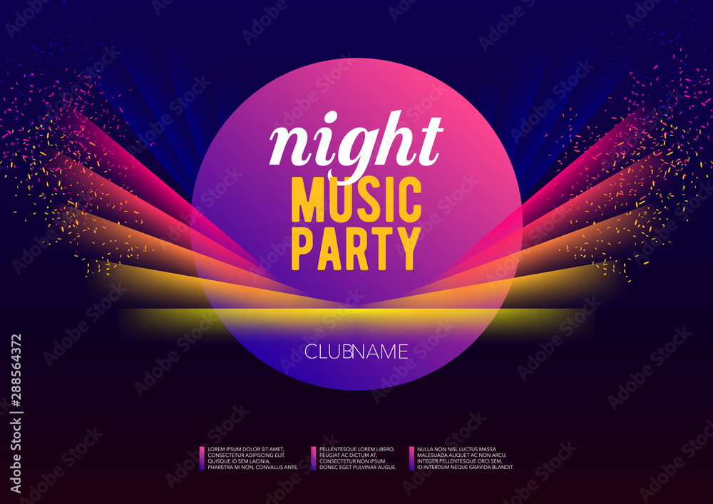 Horizontal night music party poster with color graphic elements, dark ...