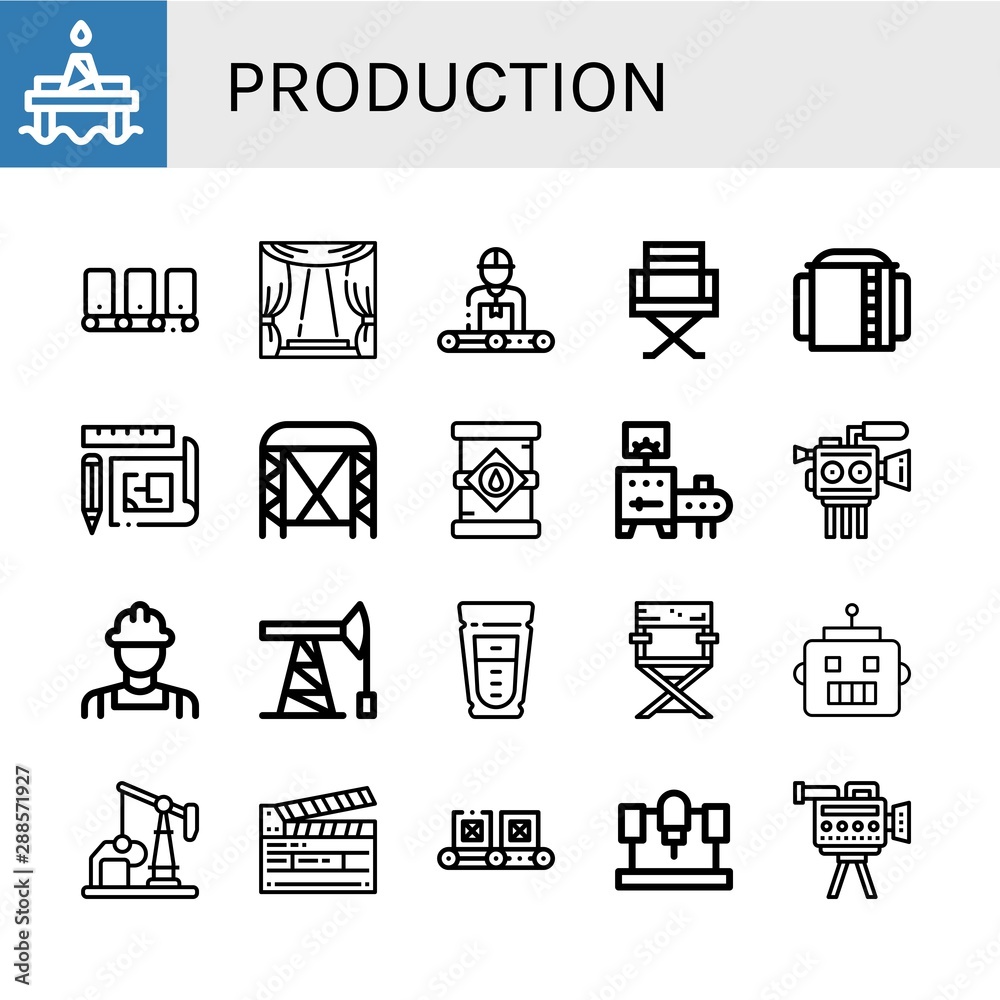 Set of production icons such as Oil platform, Conveyor, Stage, Engineer ...