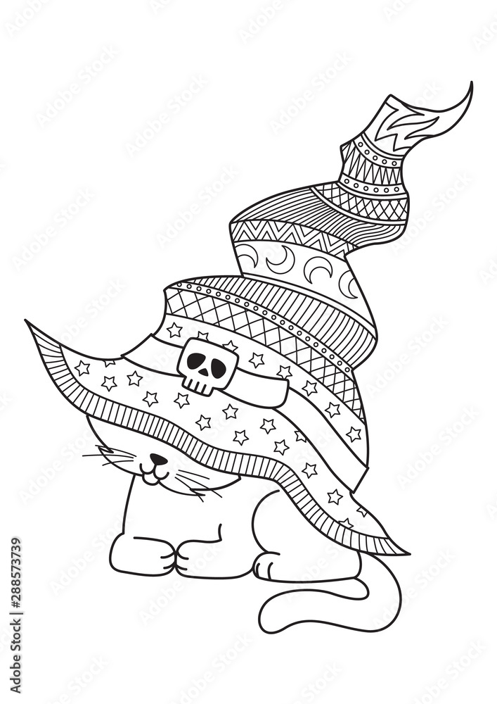 Halloween coloring book page cat in the witch hat Stock Vector | Adobe ...