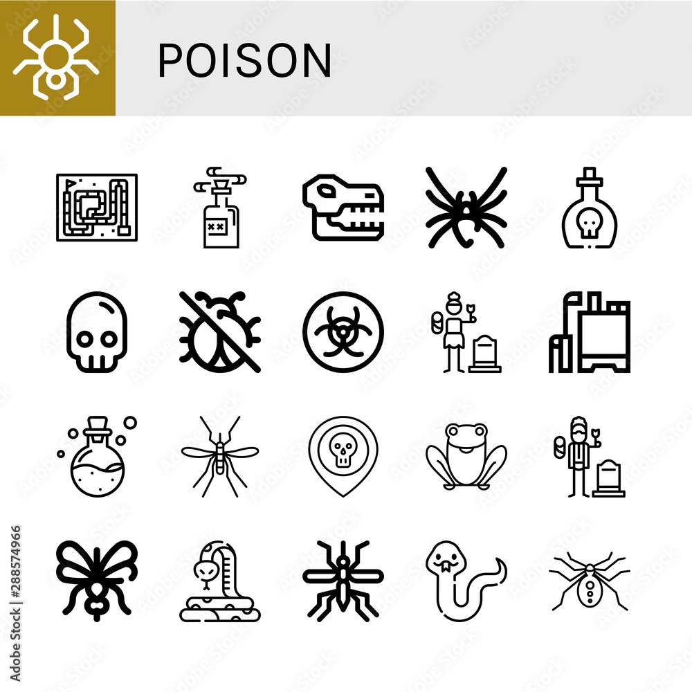 Set of poison icons such as Spider, Snake, Poison, Skull, Black widow ...