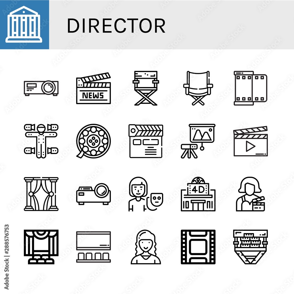 Set of director icons such as Theatre, Projector, Clapperboard ...