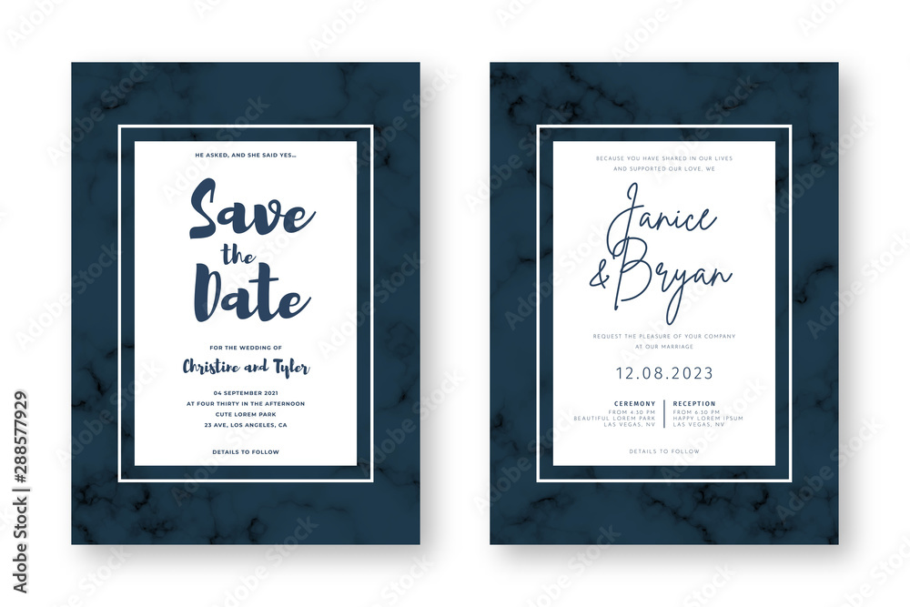 Wedding card design with golden frames and marble texture. Save the ...