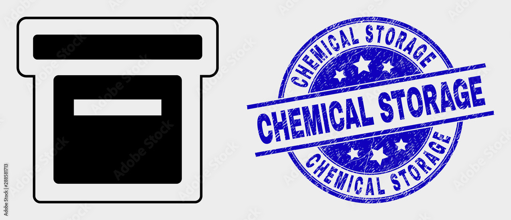Vector box pictogram and Chemical Storage seal stamp. Red round grunge ...