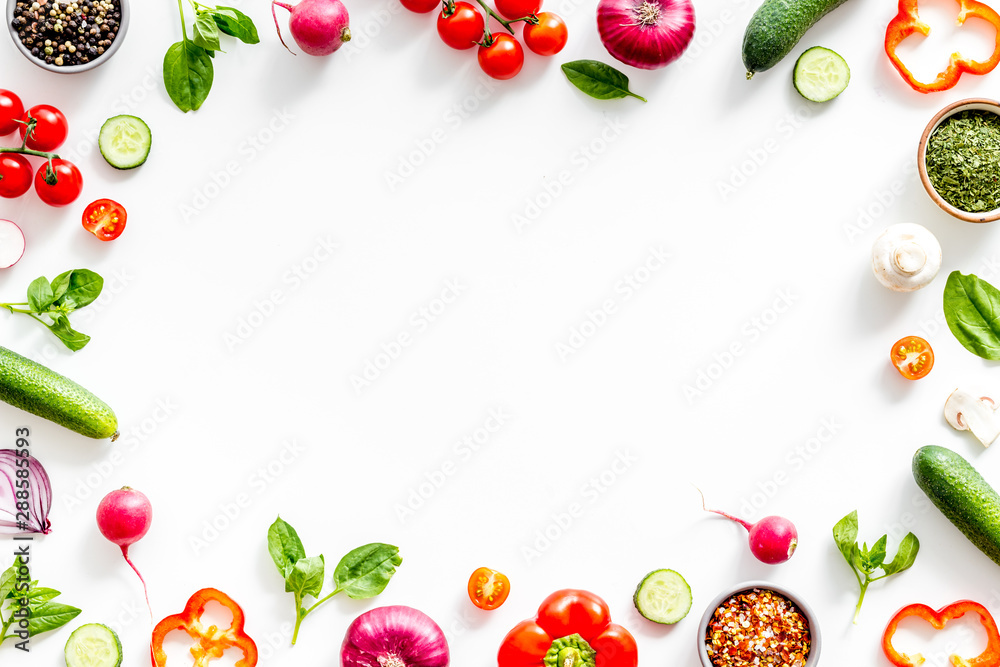 Frame of colorful vegetables on white background top view mock up Stock ...