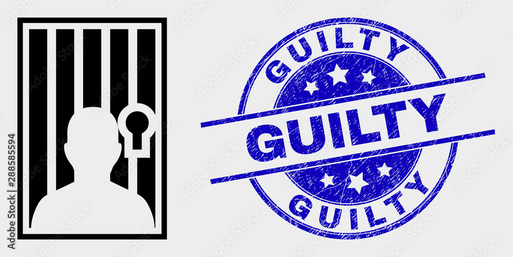 Vector jailed person pictogram and Guilty seal. Red round distress seal ...
