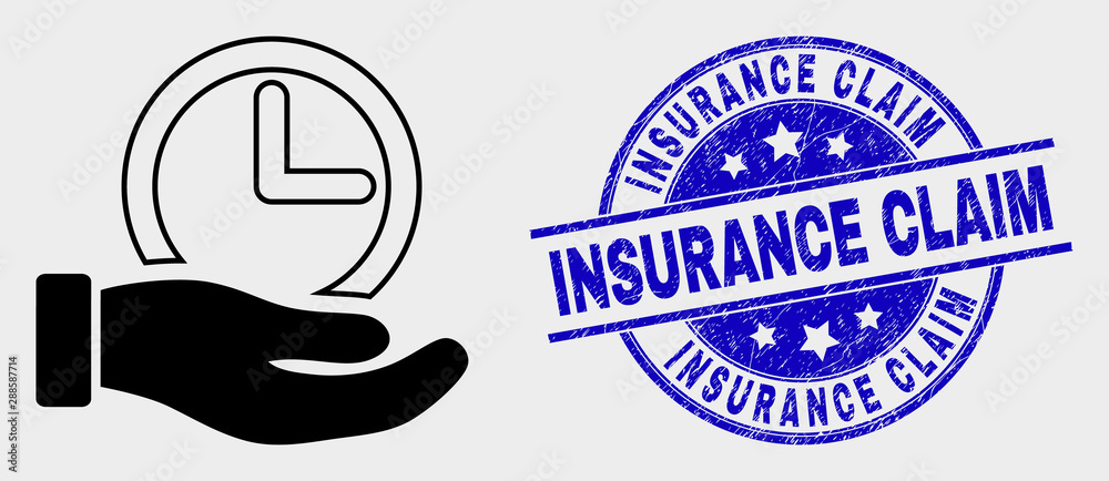 Vector time service hand pictogram and Insurance Claim seal. Red round ...